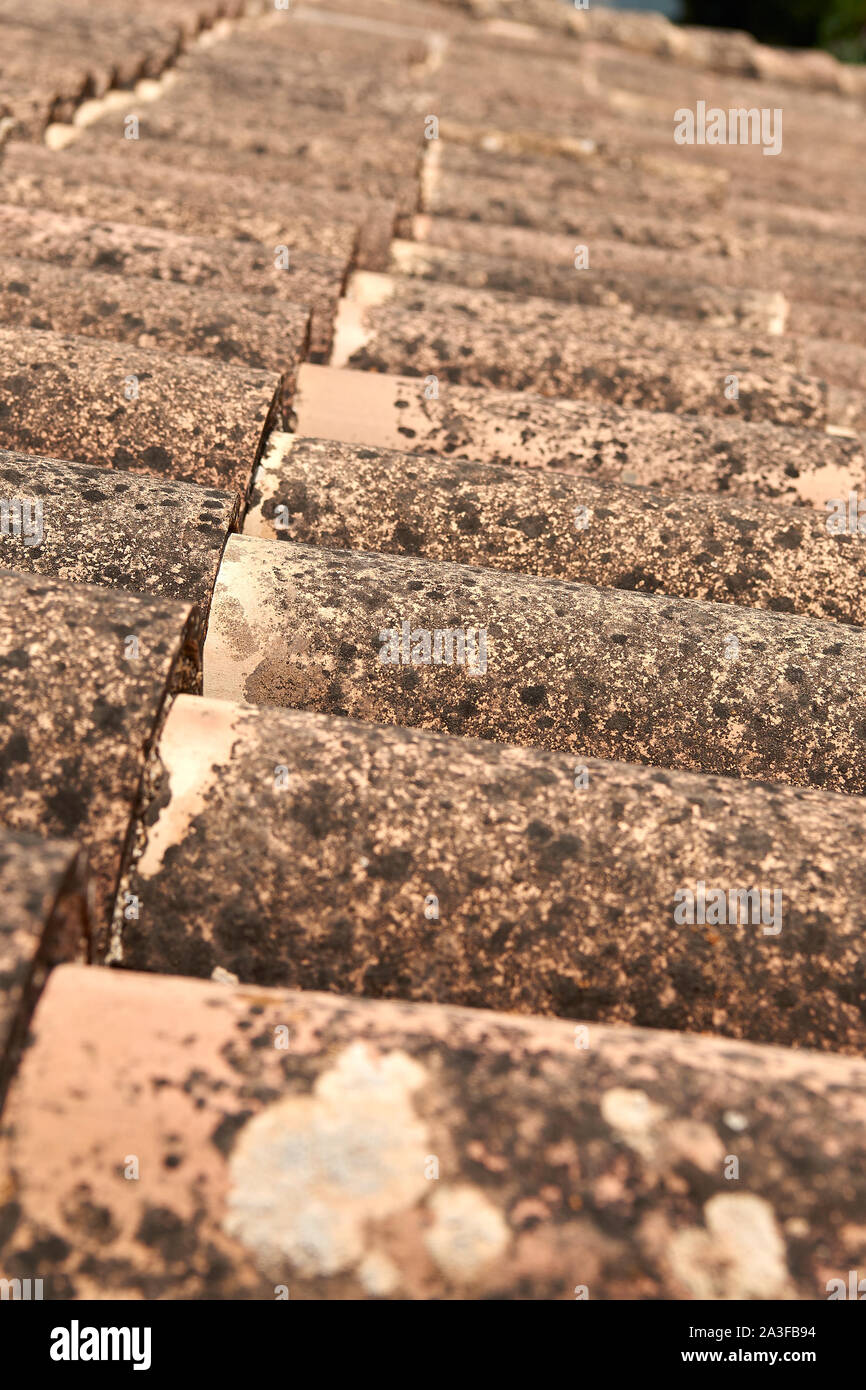 Detail and perspective of a grungy old tiles roof in south Europe Stock ...