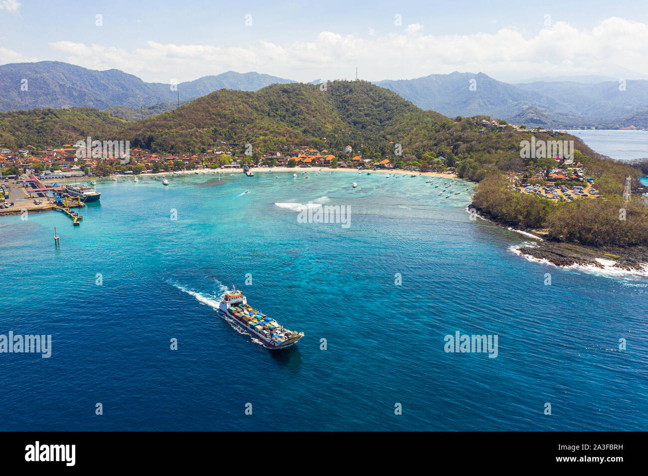 Roro car ferry leaving the Padang Bai harbor in Bali in Indonesia ...