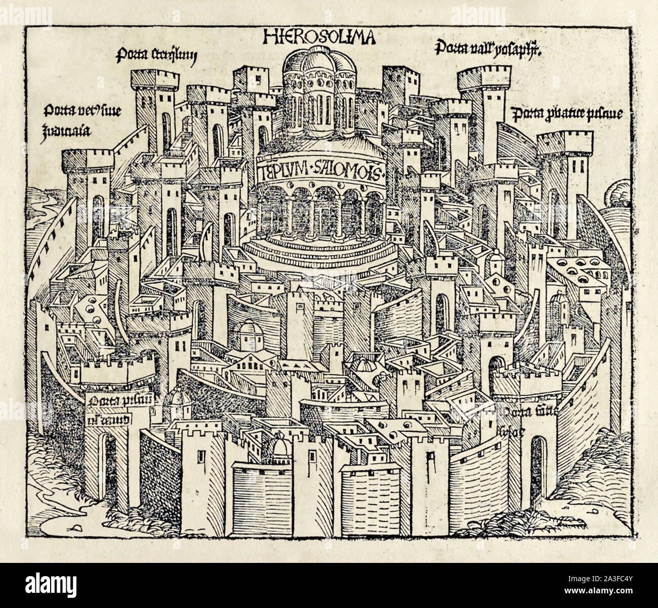 HIEROSOLIMA [Jerusalem] and TEPLUM SALOMOIS [Temple of Solomon] woodcut print from a 1493 ...