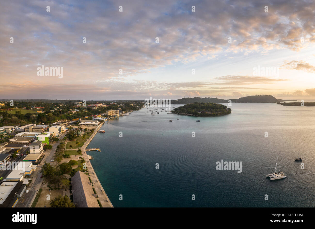 Aerial panorama of Port Vila city and the Iririki island in Vanuatu ...