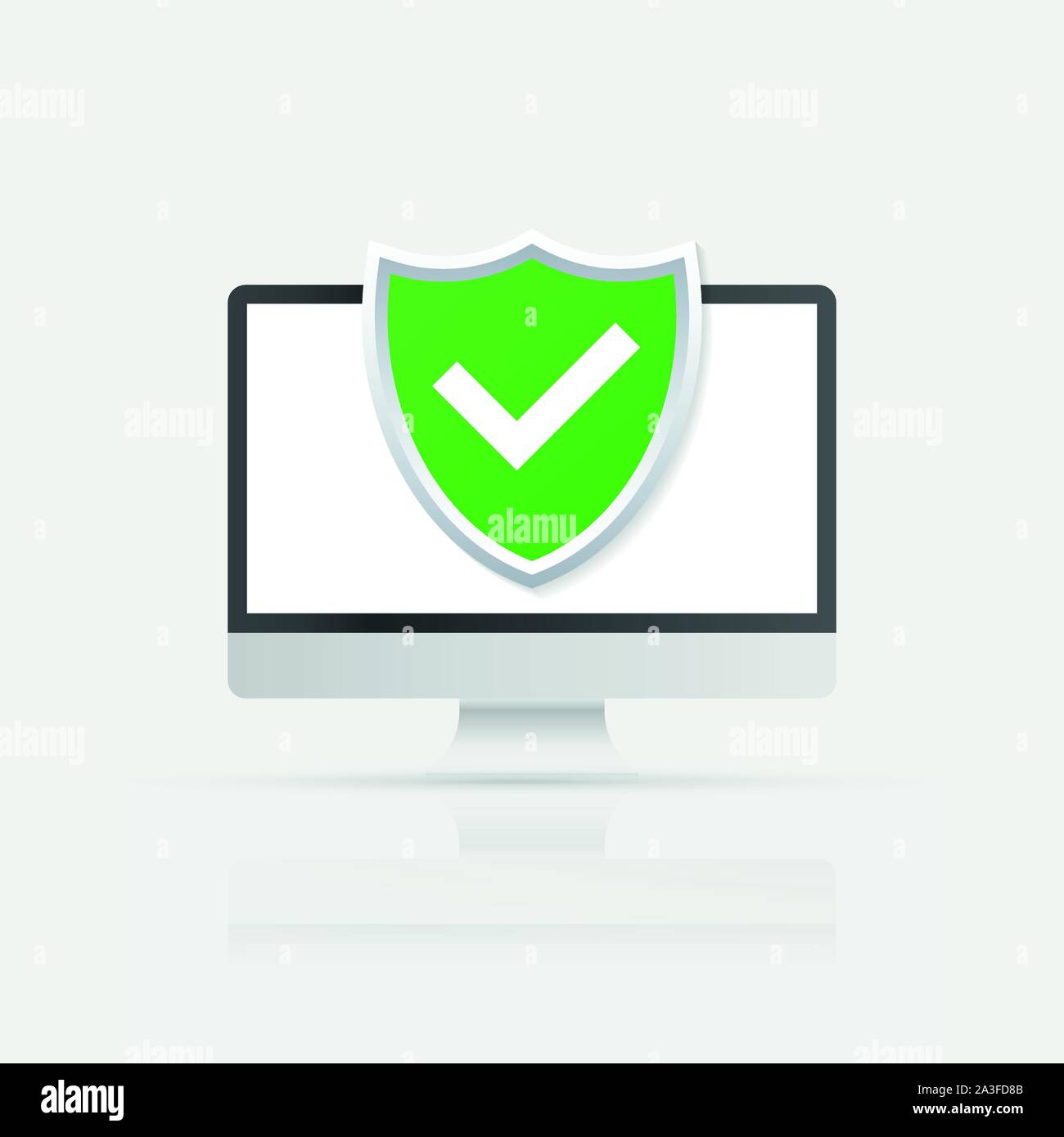 Computer security concept. Computer with shield and lock on table. Flat ...