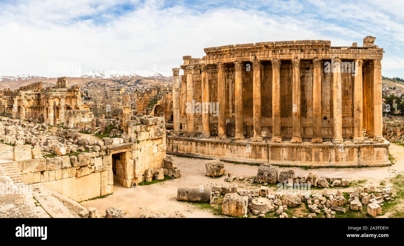 Ancient Roman temple of Bacchus panorama with surrounding ruins and ...