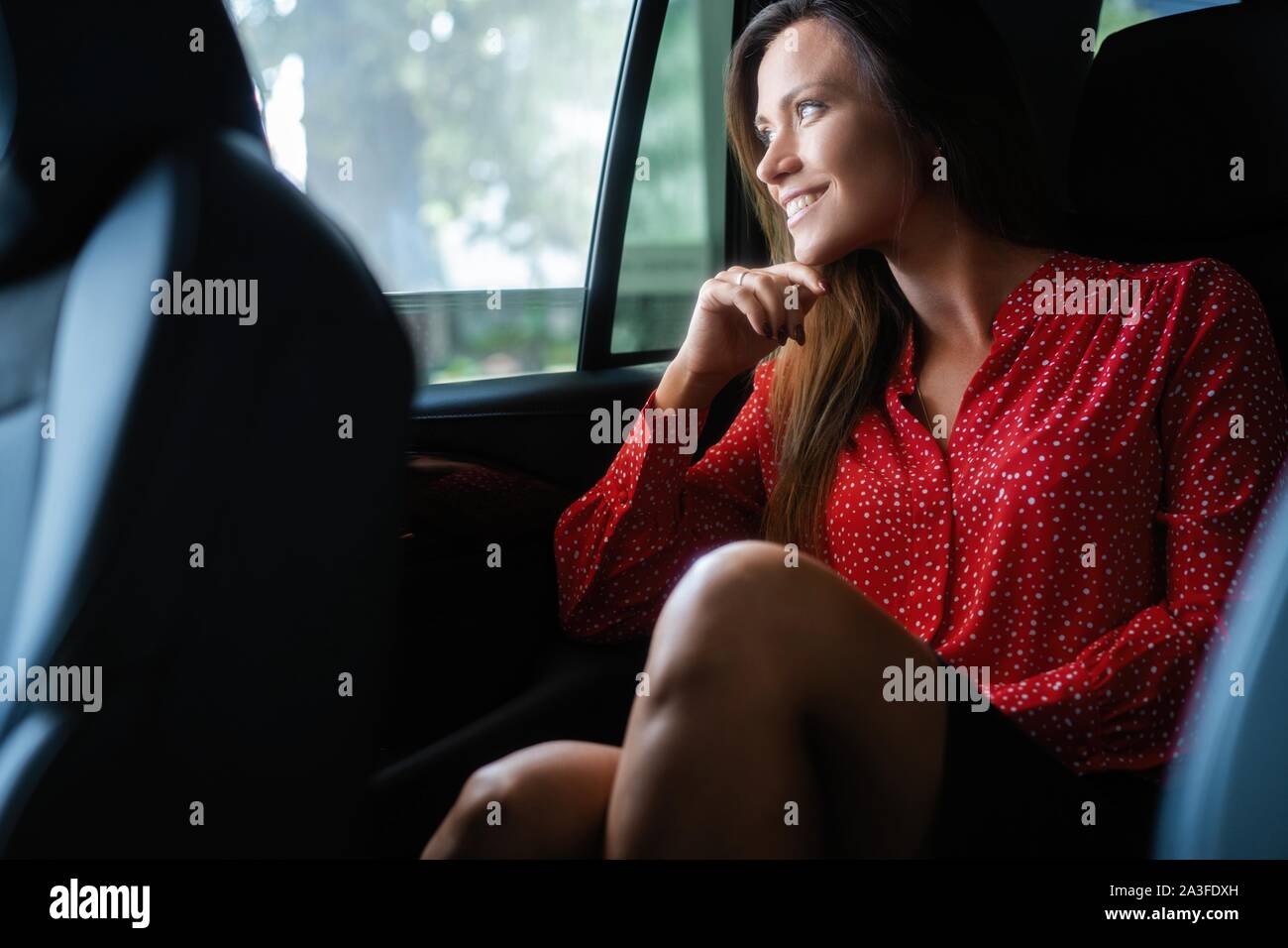 Beautiful smiling dreaming businesswoman sitting on back seat of the ...