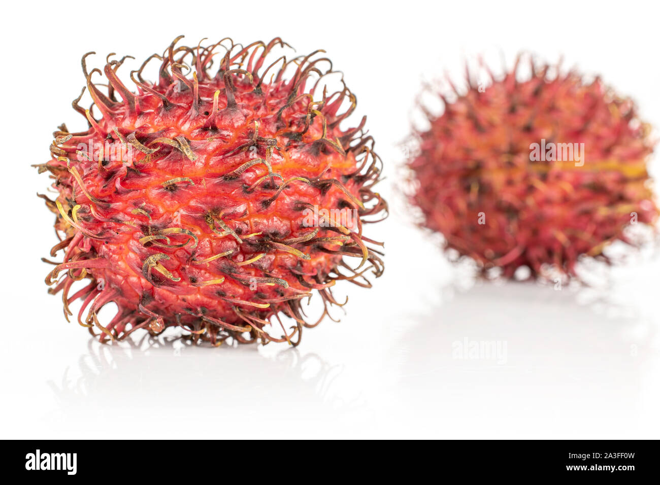 Group of two whole fresh red rambutan isolated on white background ...
