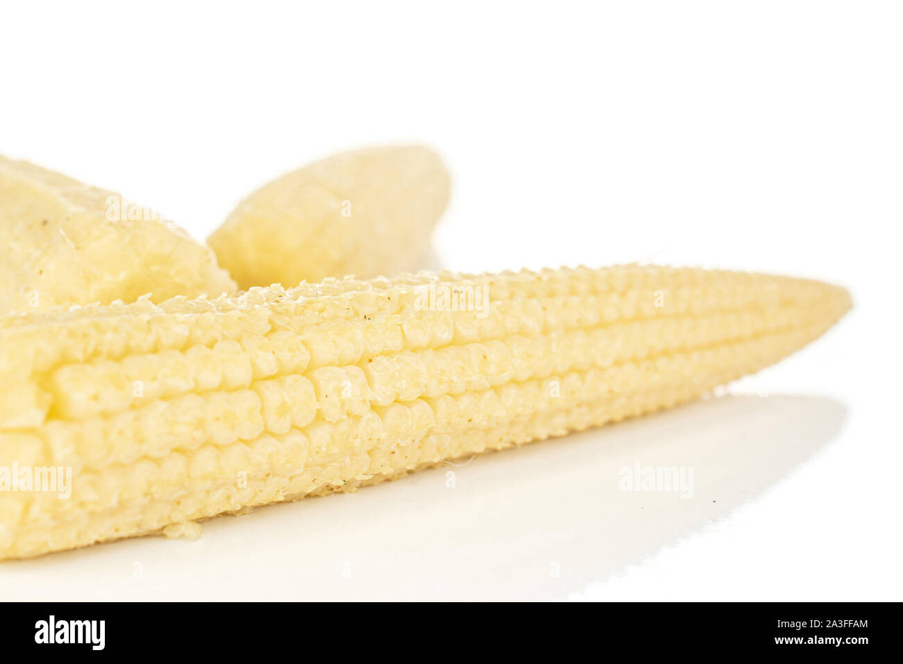 Group of three whole baby yellow corn isolated on white background ...
