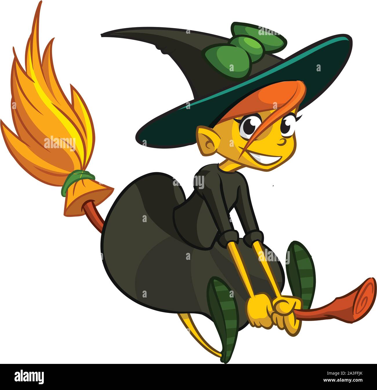 Halloween cute witch flying on her broom. Vector cartoon sticker Stock ...