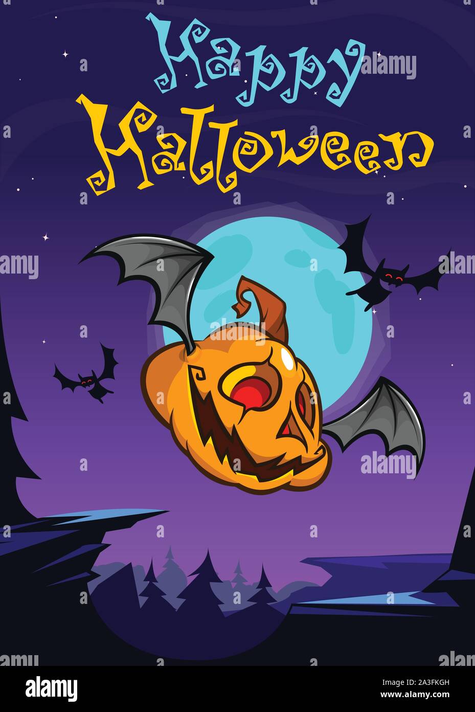 Cartoon Halloween flying pumpkin isolated on dark night background with ...