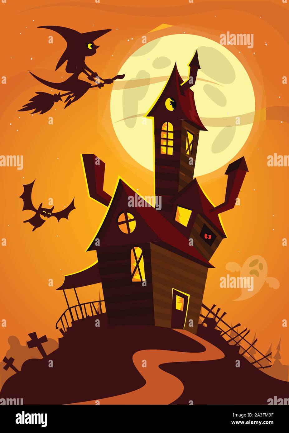 Haunted house on night background with a full moon behind. Vector ...