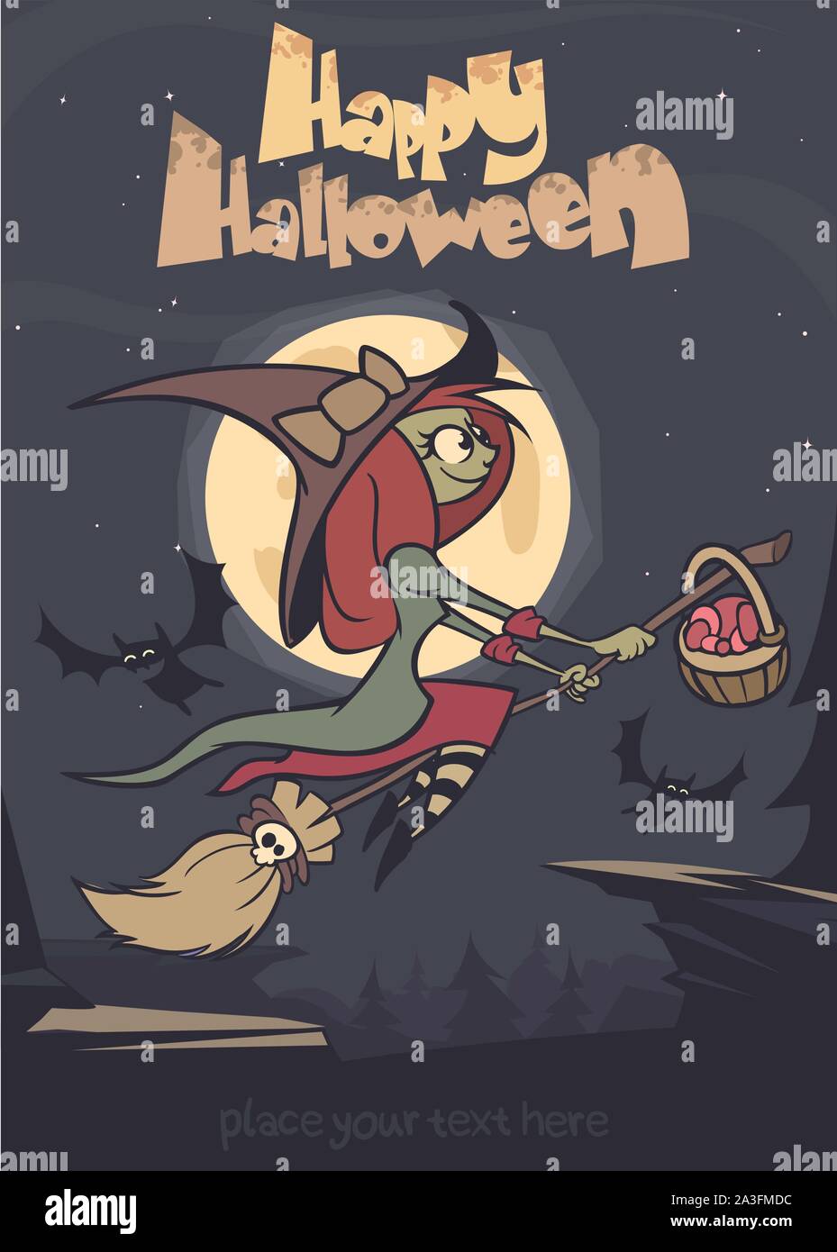 Cute witch flying on her broom. Vector Halloween party invitation Stock ...