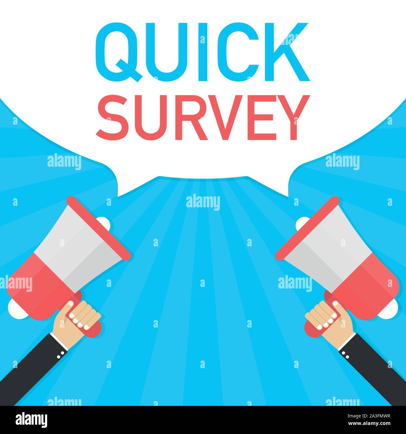 Male hand holding megaphone with Quick survey speech bubble. Banner for ...