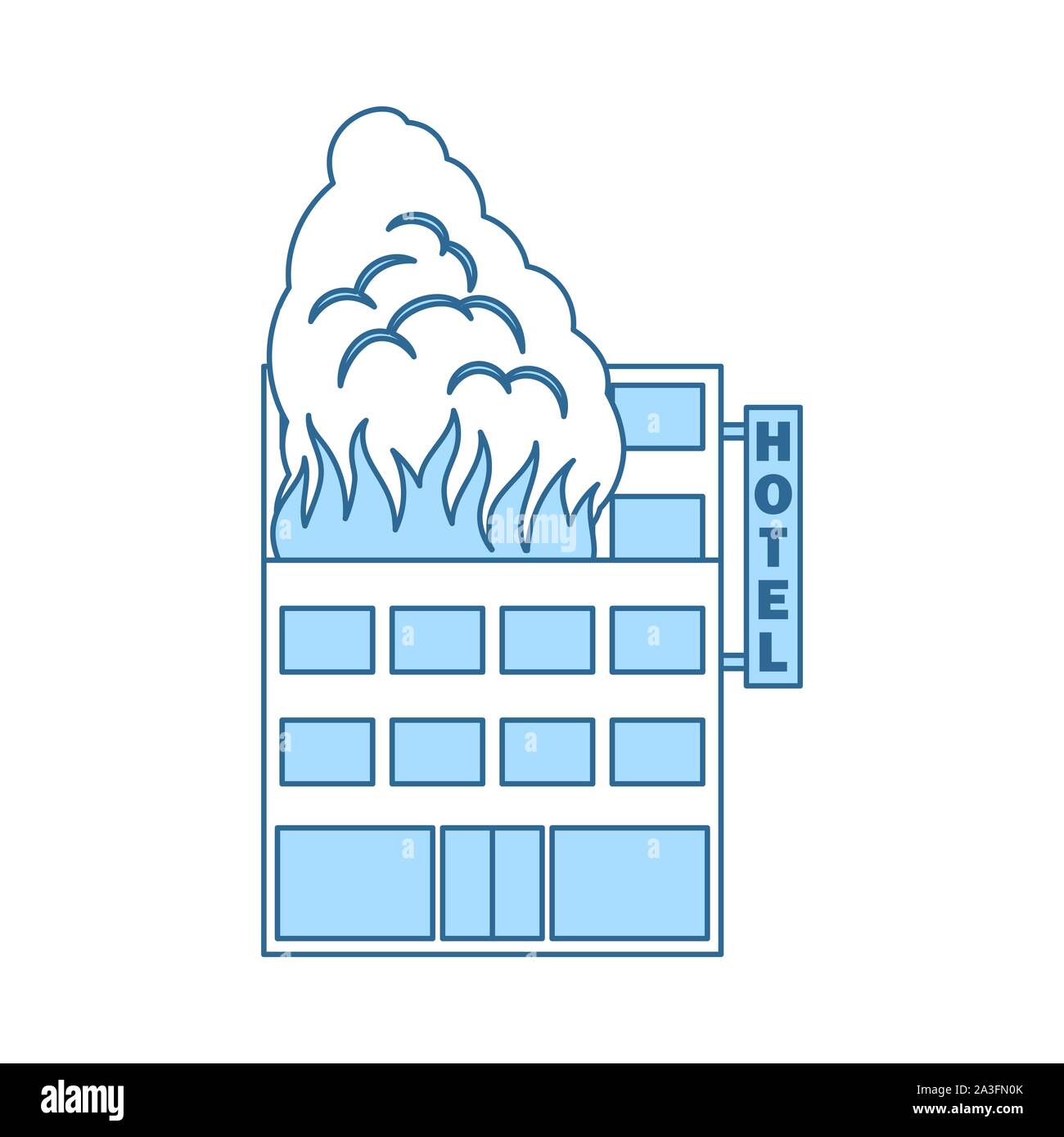 Hotel Building In Fire Icon. Thin Line With Blue Fill Design. Vector ...