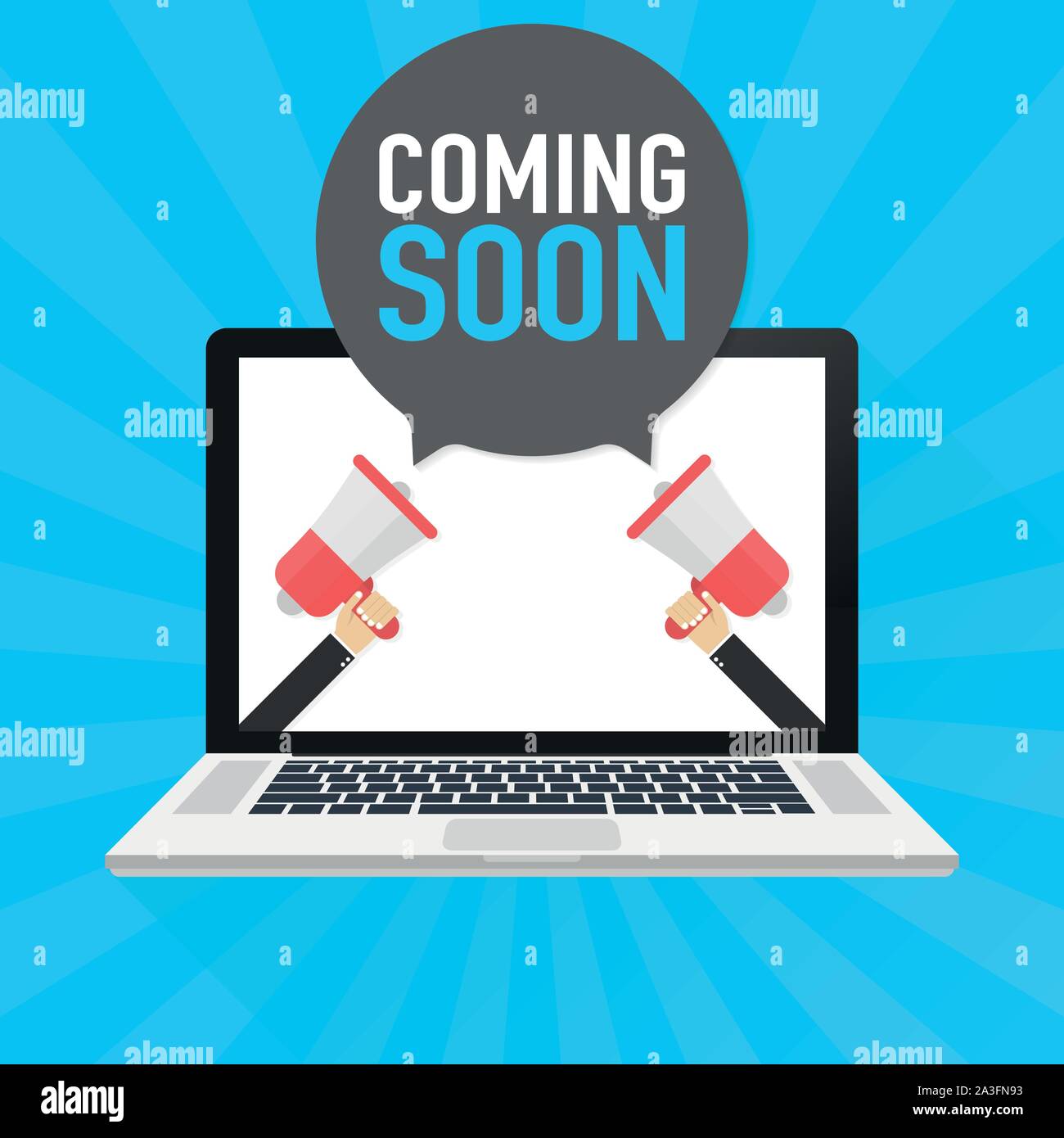 Laptop notebook computer screen. Hand holding megaphone. Coming soon ...