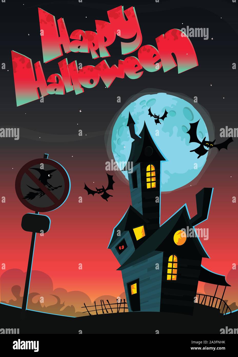 Cartoon haunted house. Halloween greeting card with haunted house, bats ...
