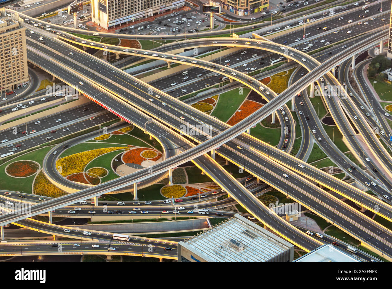 Aerial view of a highway road interchange in Dubai, United Arab ...