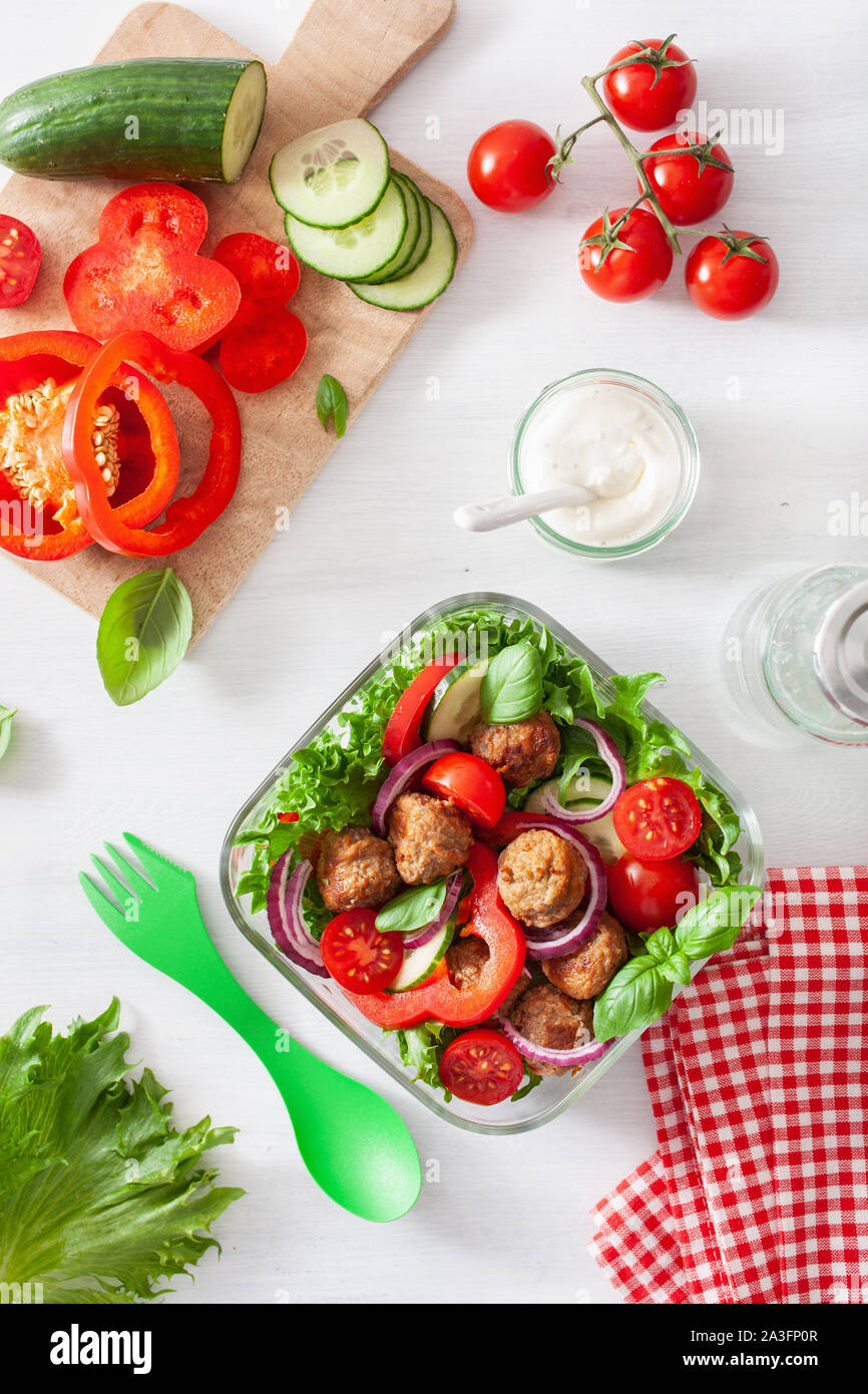 keto paleo lunch box with meatballs, lettuce, tomato, cucumber, bell ...