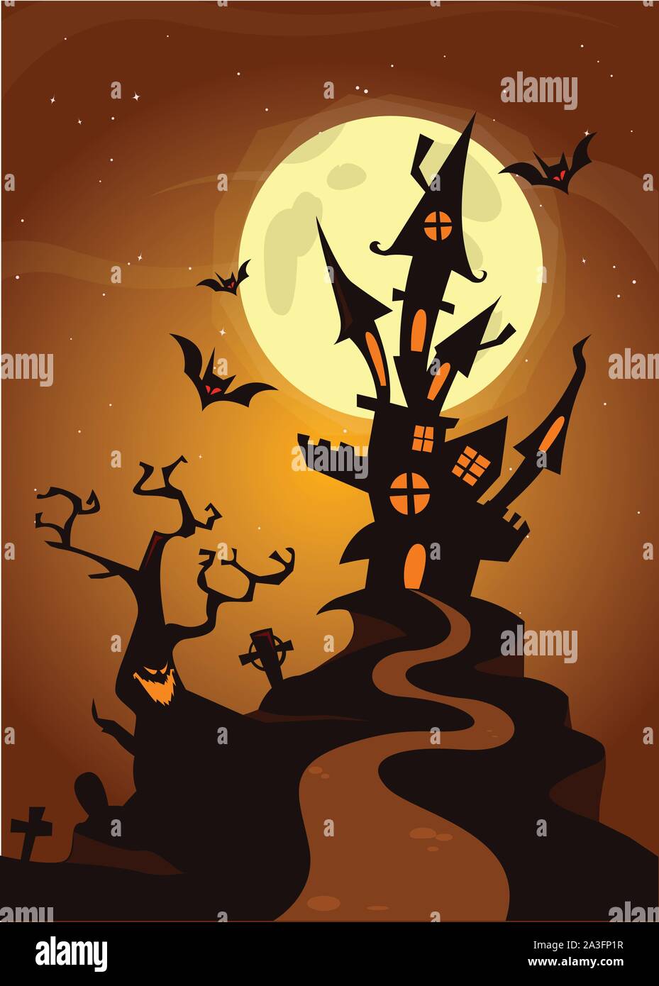 Halloween haunted house on night background with a full moon behind ...