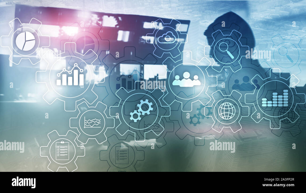 Business process abstract diagram with gears and icons. Workflow and ...