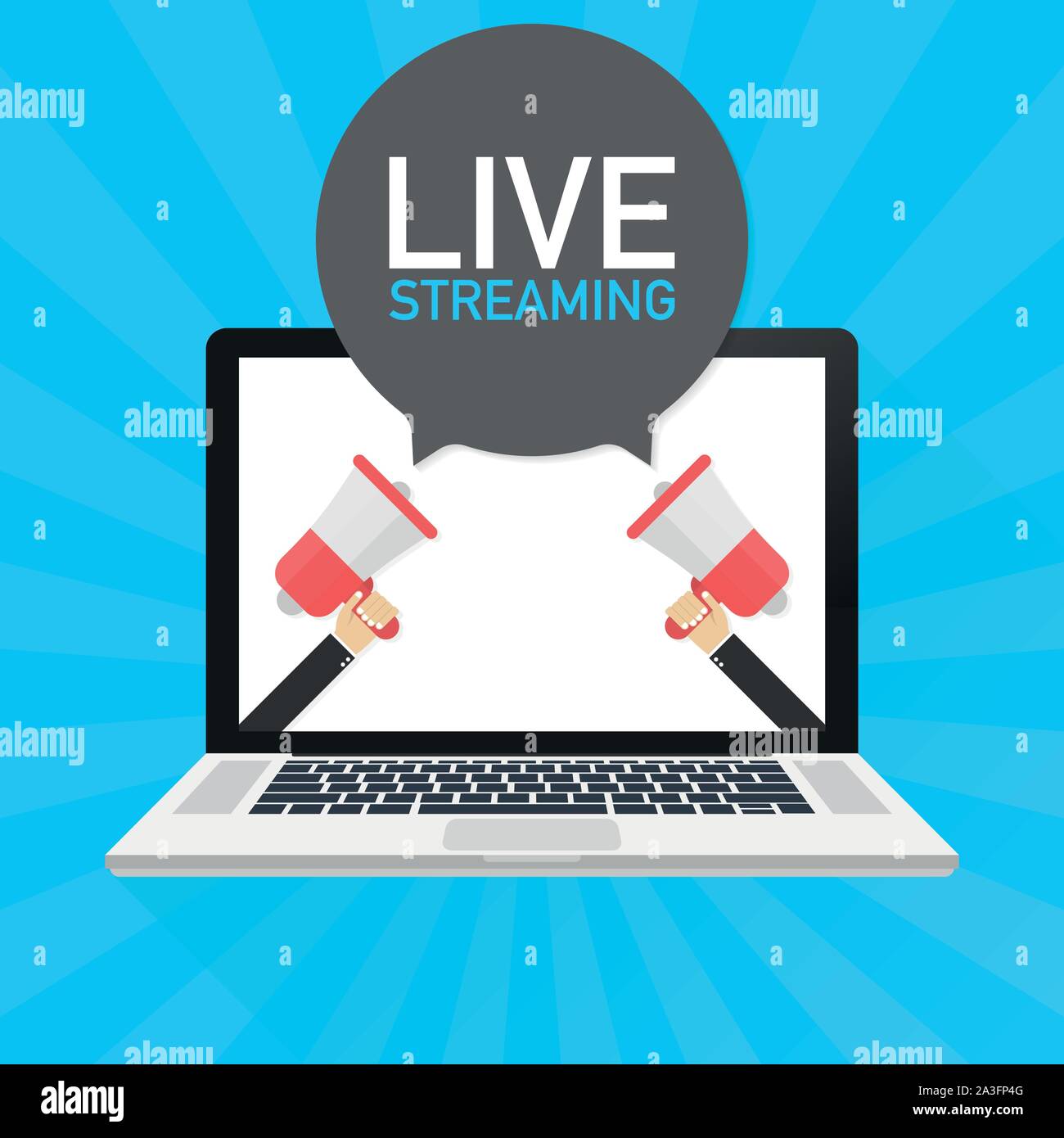 Laptop notebook computer screen. Hand holding megaphone. Live streaming ...