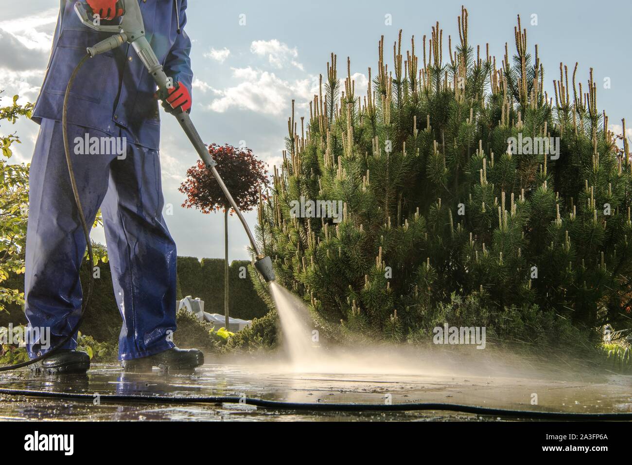 Gardener Washing Garden Paths Using Pressure Washer Machine. Modern ...