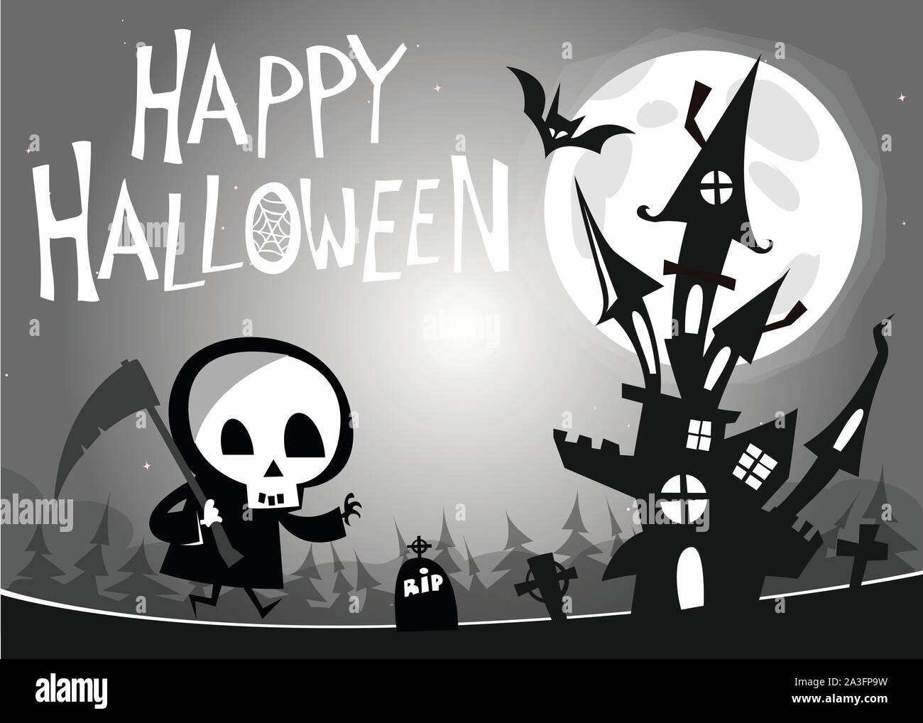 Death with a scythe and haunted house on night background. Vector ...