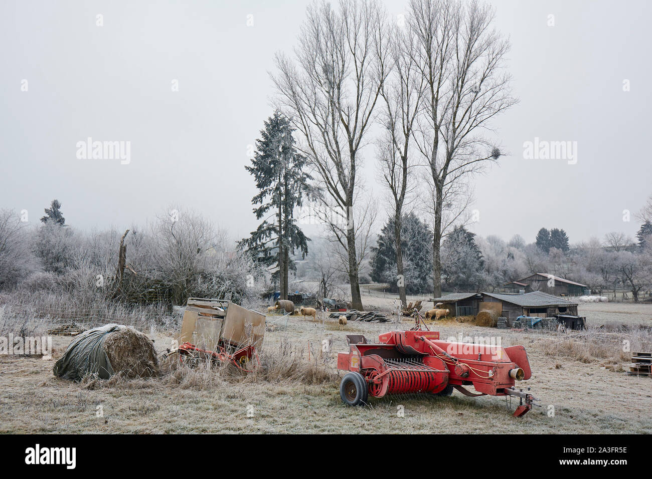 Winter scene with trees and farming machinery Stock Photo - Alamy