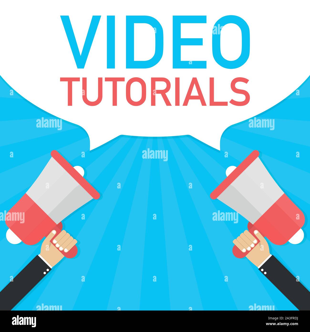 Male hand holding megaphone with Video tutorials speech bubble. Banner ...
