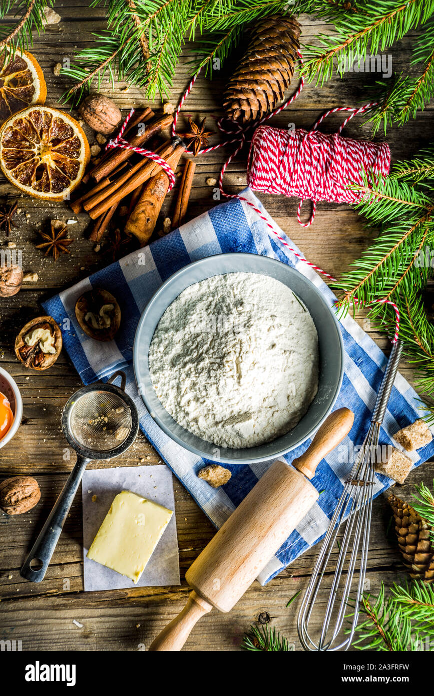 Christmas baking background with utensils and ingredients - flour, eggs ...