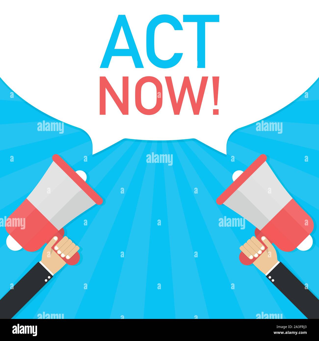 Male hand holding megaphone with Act now! speech bubble. Banner for ...