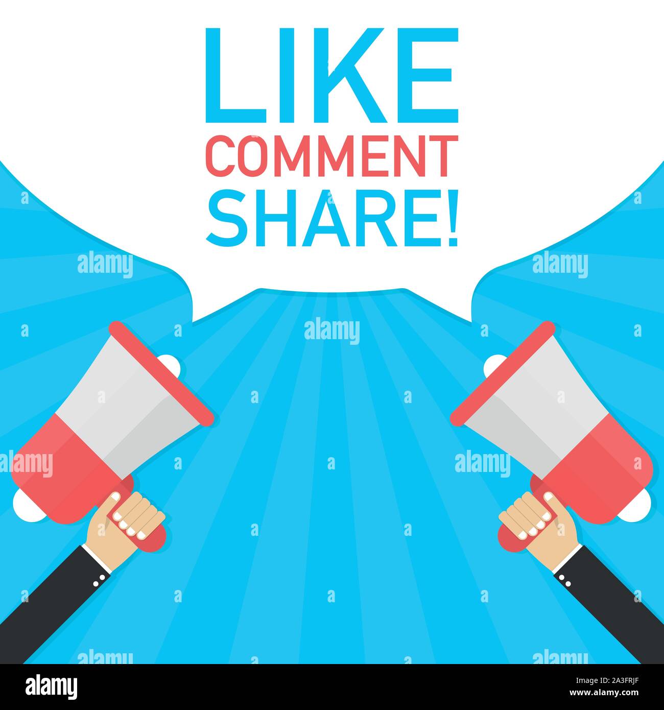 Male hand holding megaphone with Like comment share! speech bubble ...