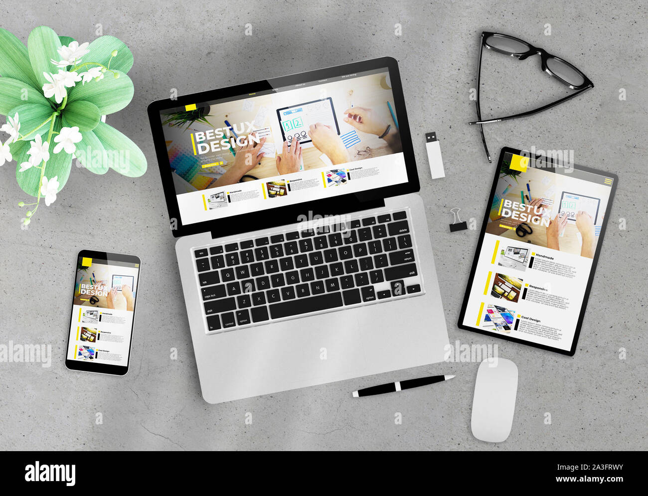 responsive design UX website on devices top view wooden desktop 3d ...
