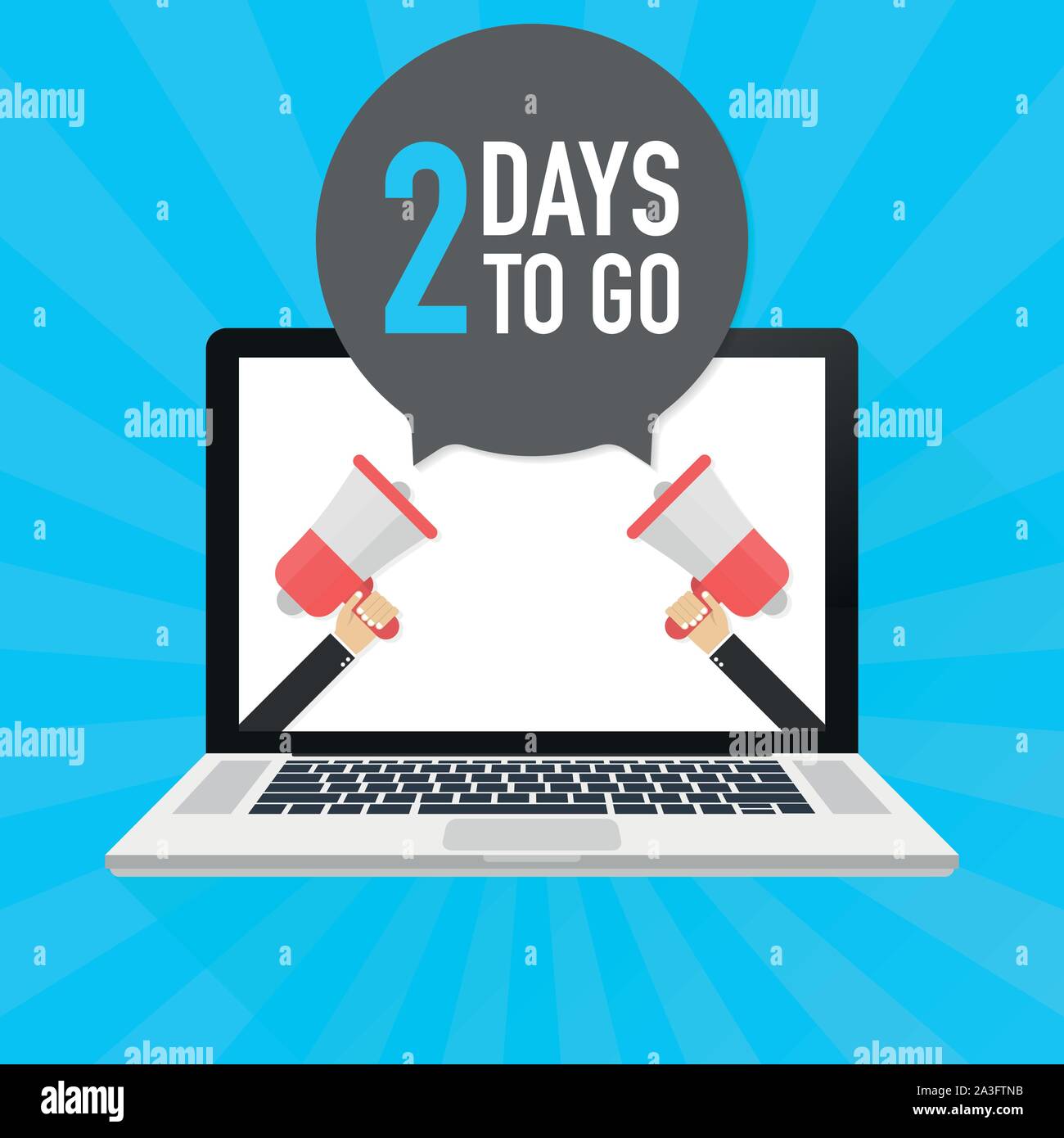 Laptop notebook computer screen. Hand holding megaphone. 2 days to go ...