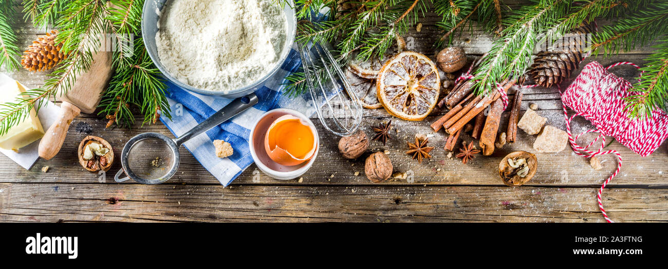 Christmas baking background with utensils and ingredients - flour, eggs ...