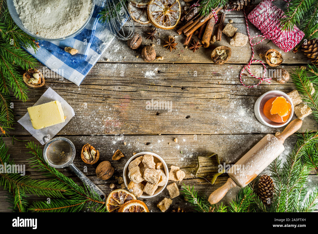 Christmas baking background with utensils and ingredients - flour, eggs ...