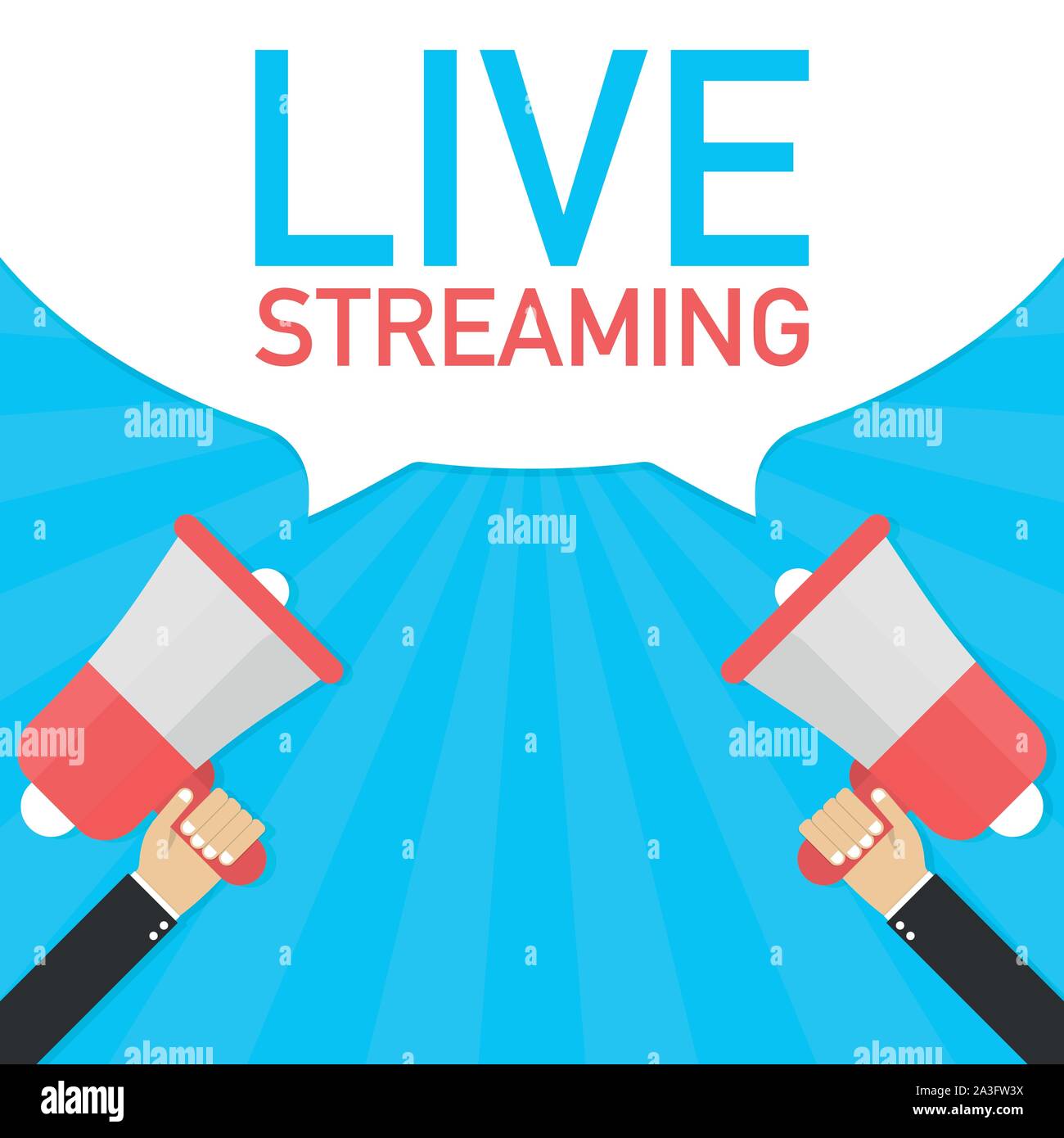 Male hand holding megaphone with Live Streaming speech bubble. Banner ...