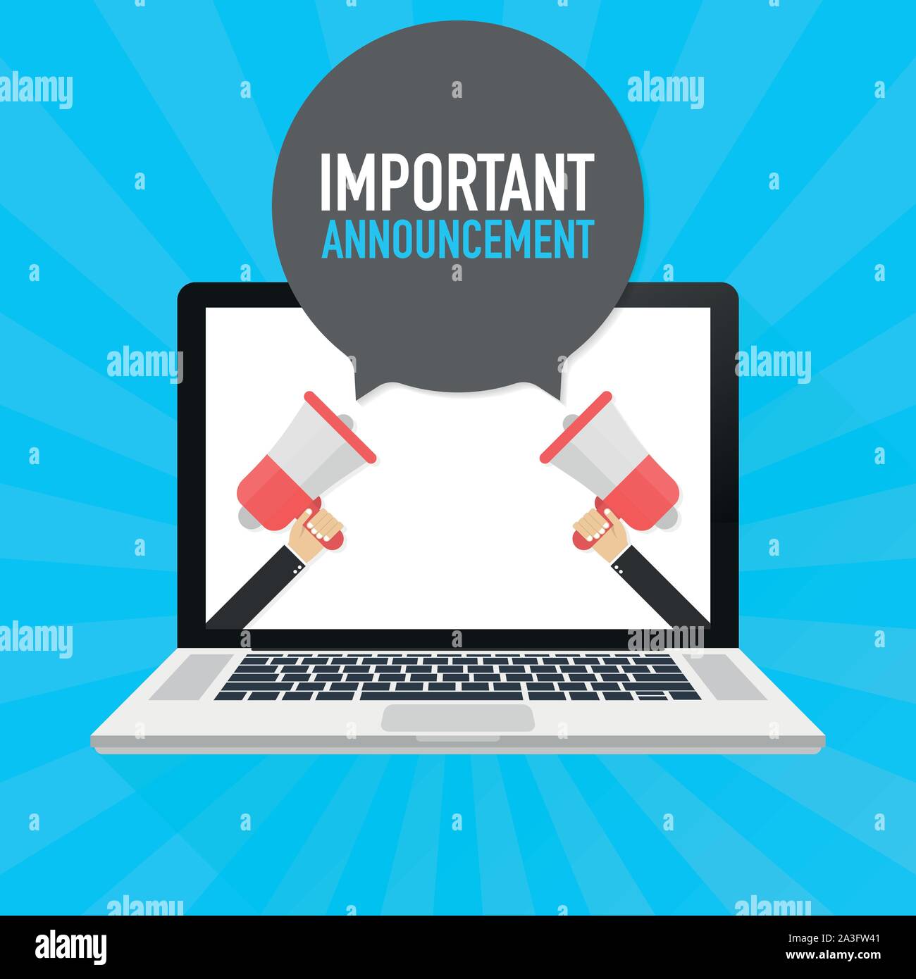 Laptop notebook computer screen. Hand holding megaphone. Important ...