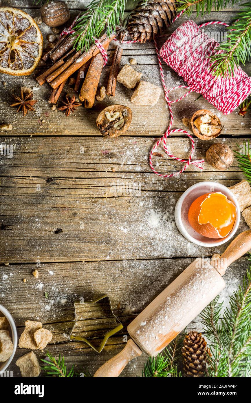 Christmas baking background with utensils and ingredients - flour, eggs ...