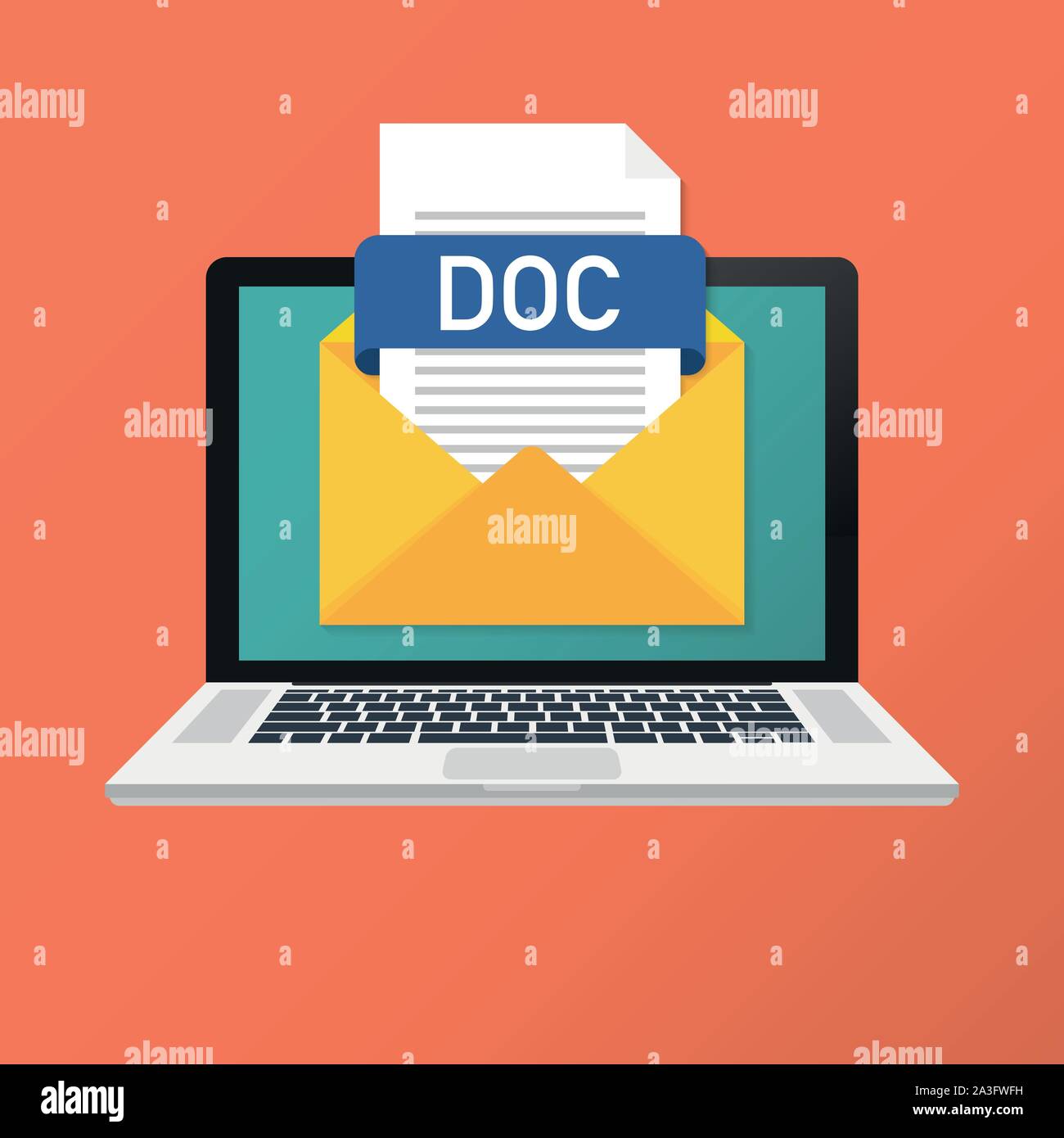 Laptop with envelope and DOC file. Notebook and email with file ...