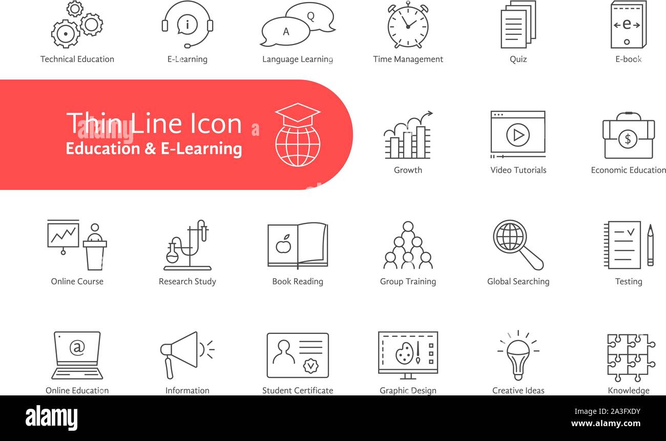big thin line set of e-learning and education with text Stock Vector ...
