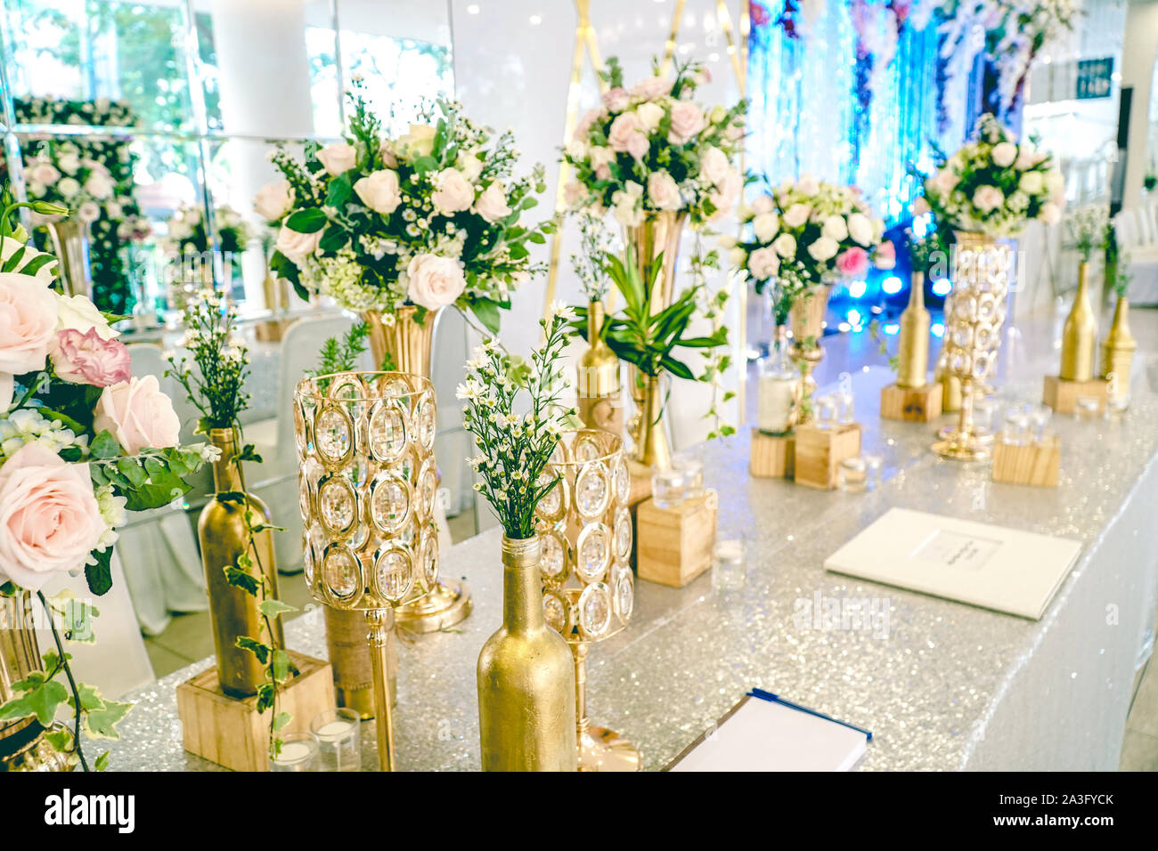 Wedding Welcome table with luxury decoration with rose flower Stock ...