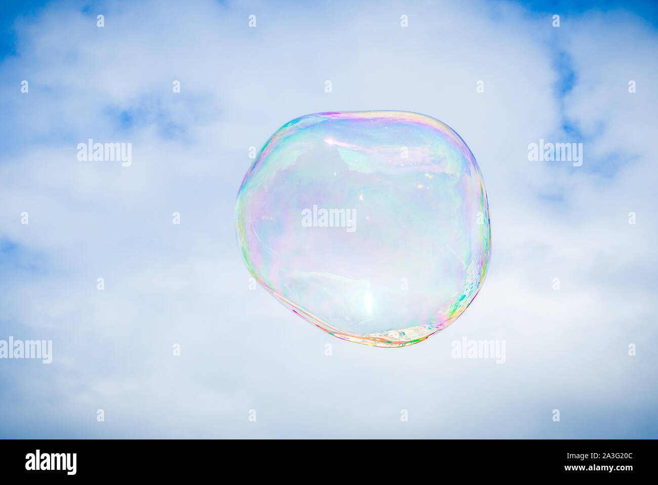 Big bubble of bubble maker flying in the air on sky background Stock ...