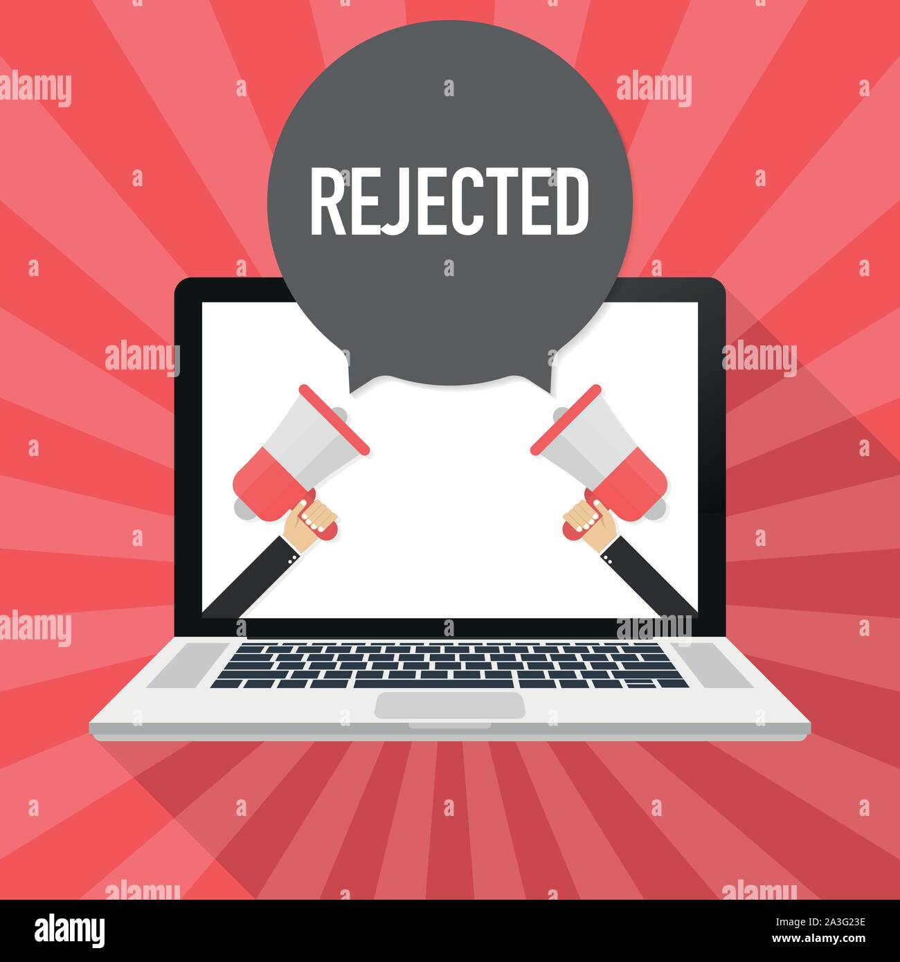 Rejected text on computer. Badge with megaphone icon. Flat vector ... Rejected text on computer. Badge with megaphone icon. Flat vector ...
