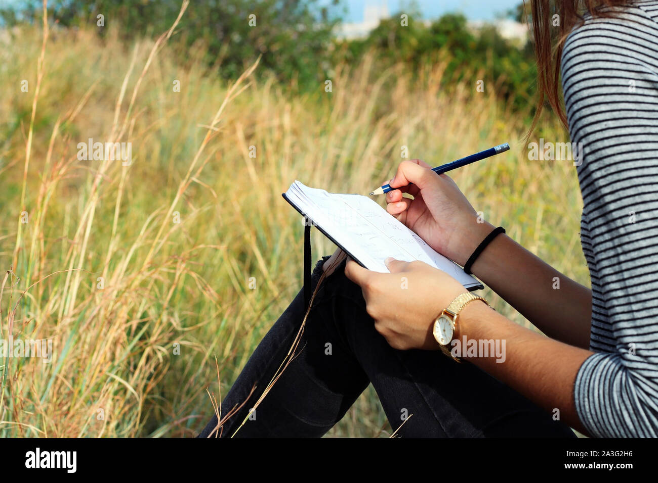 Young girl with a hat sitting on a tree trunk writing in a small black ...