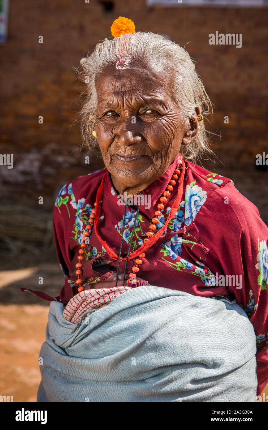A woman in traditional dress poses for a portrait in Kathmandu, Nepal ...