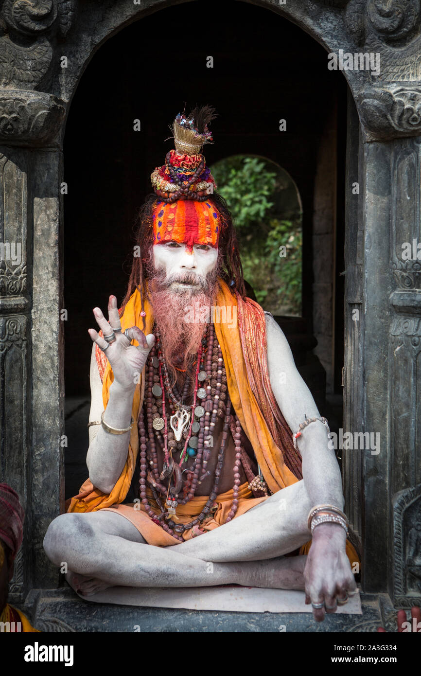 A sadhu, a Hindu holy man, at Pashupatinath Temple in Kathmandu, Nepal ...