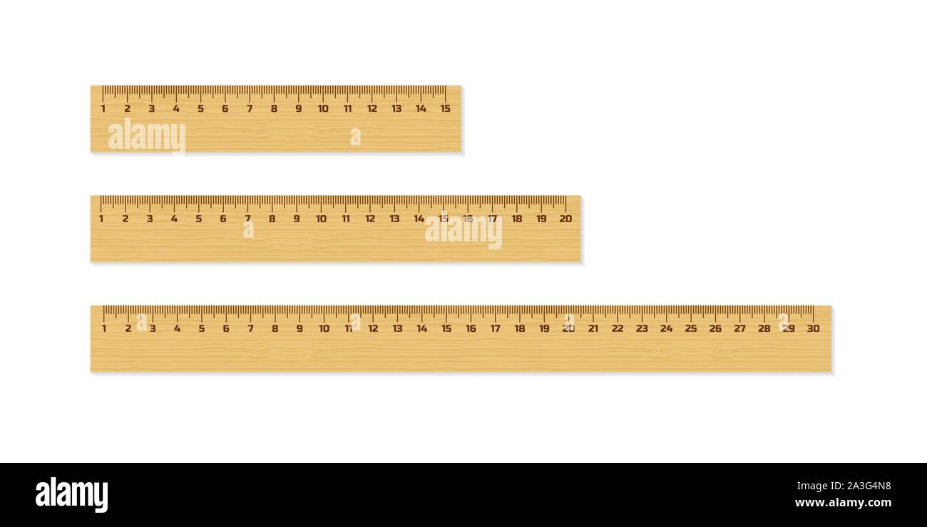 Set of wooden rulers 15, 20 and 30 centimeters with shadows isolated on ...