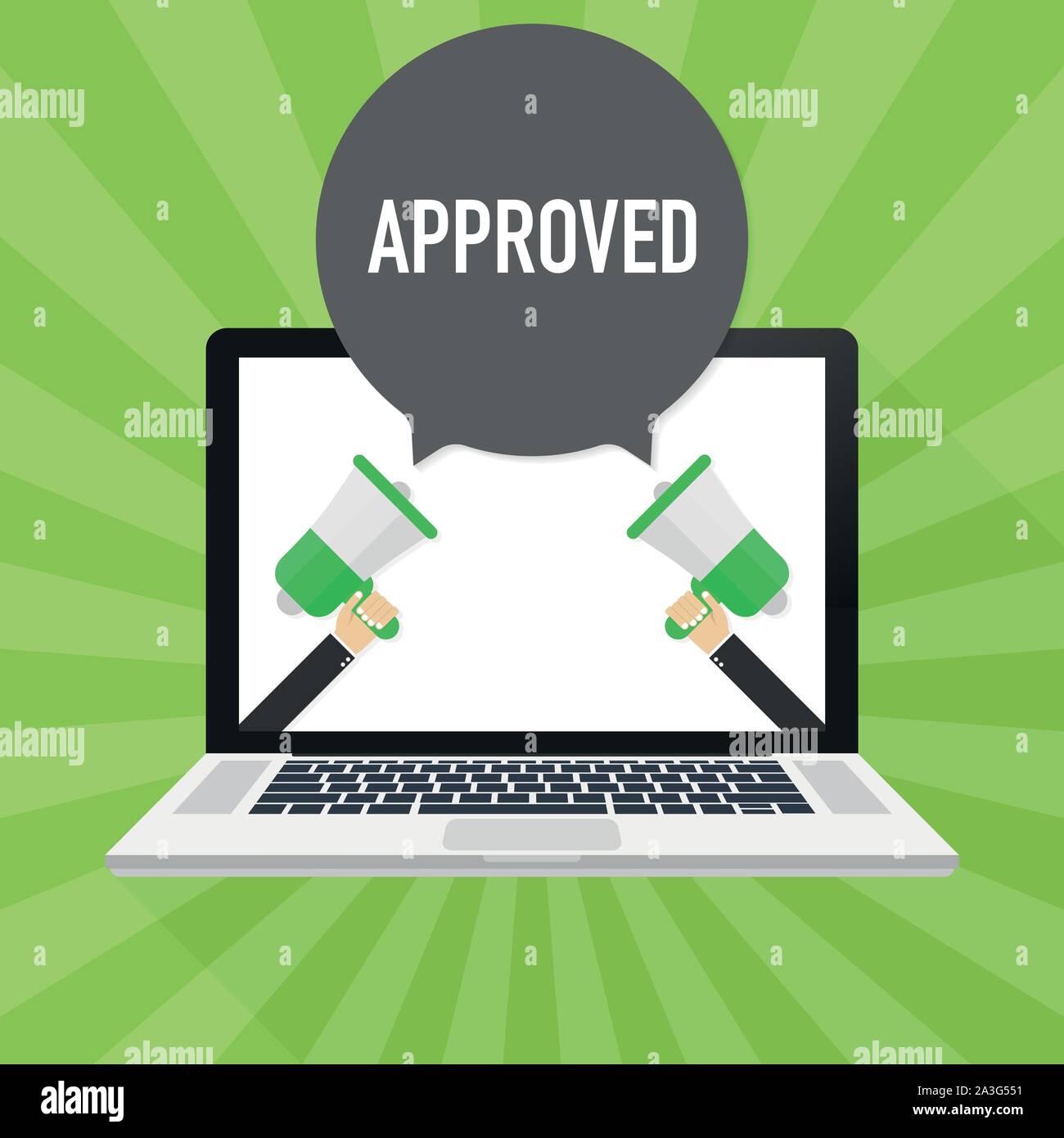 Approved text on computer. Badge with megaphone icon. Flat vector sock ...