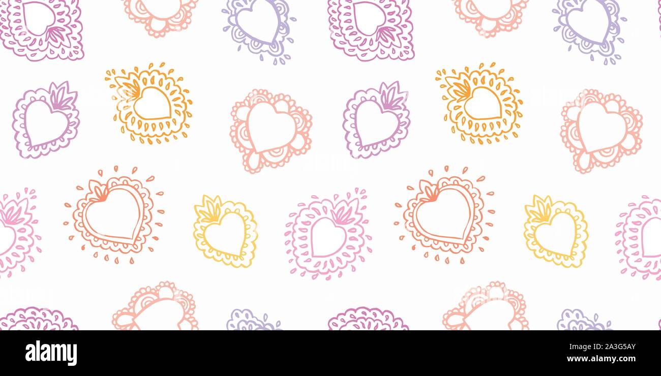 Line art seamless vector folk art burning heart pattern with pastel ...