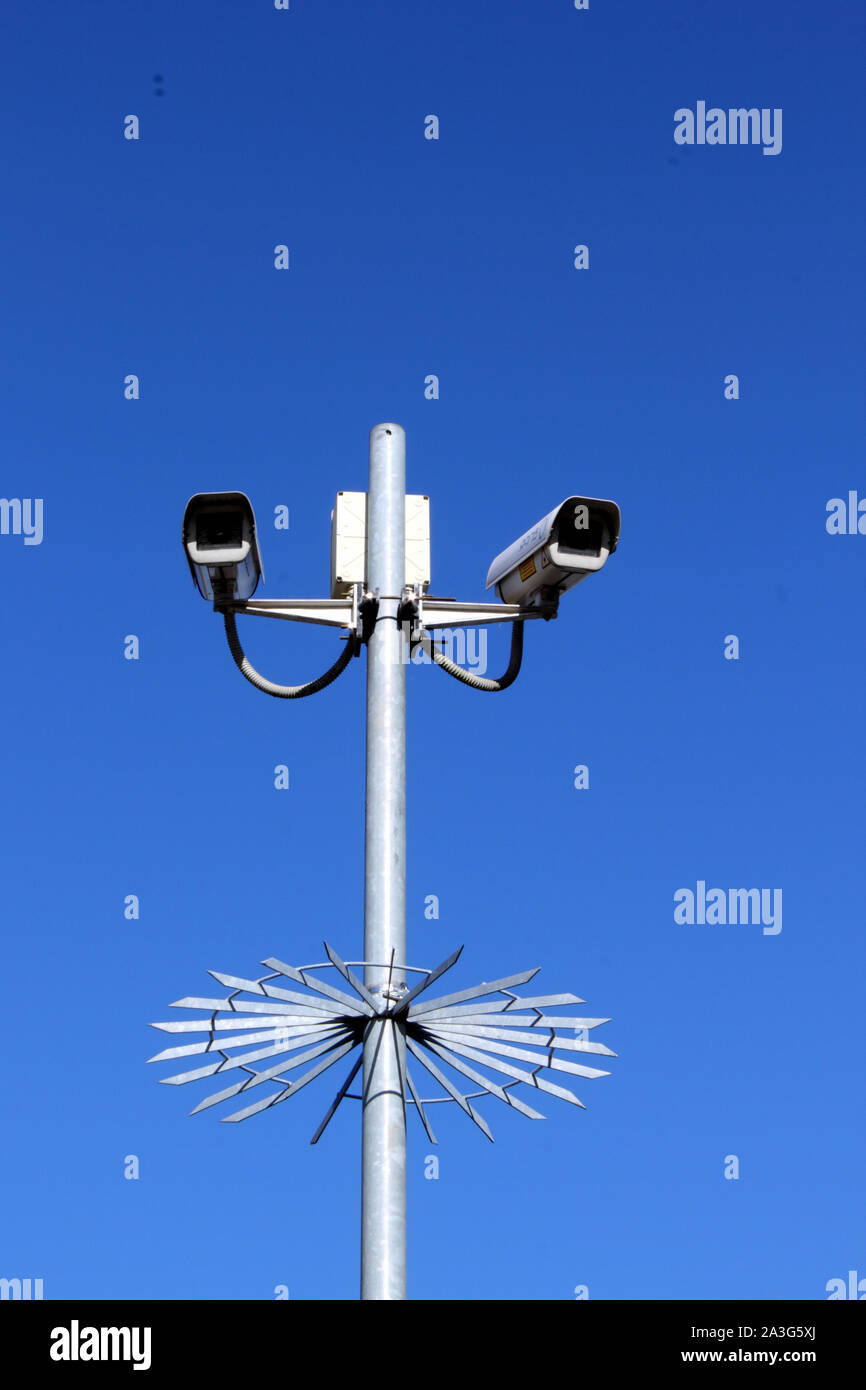 Upright view of security cameras on tall pole against deep blue sky ...
