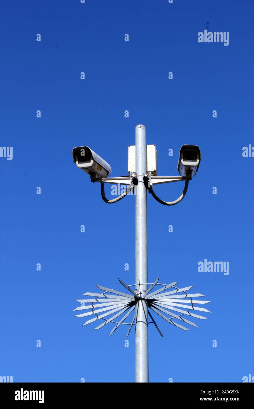 Upright view of security cameras on tall pole against deep blue sky ...