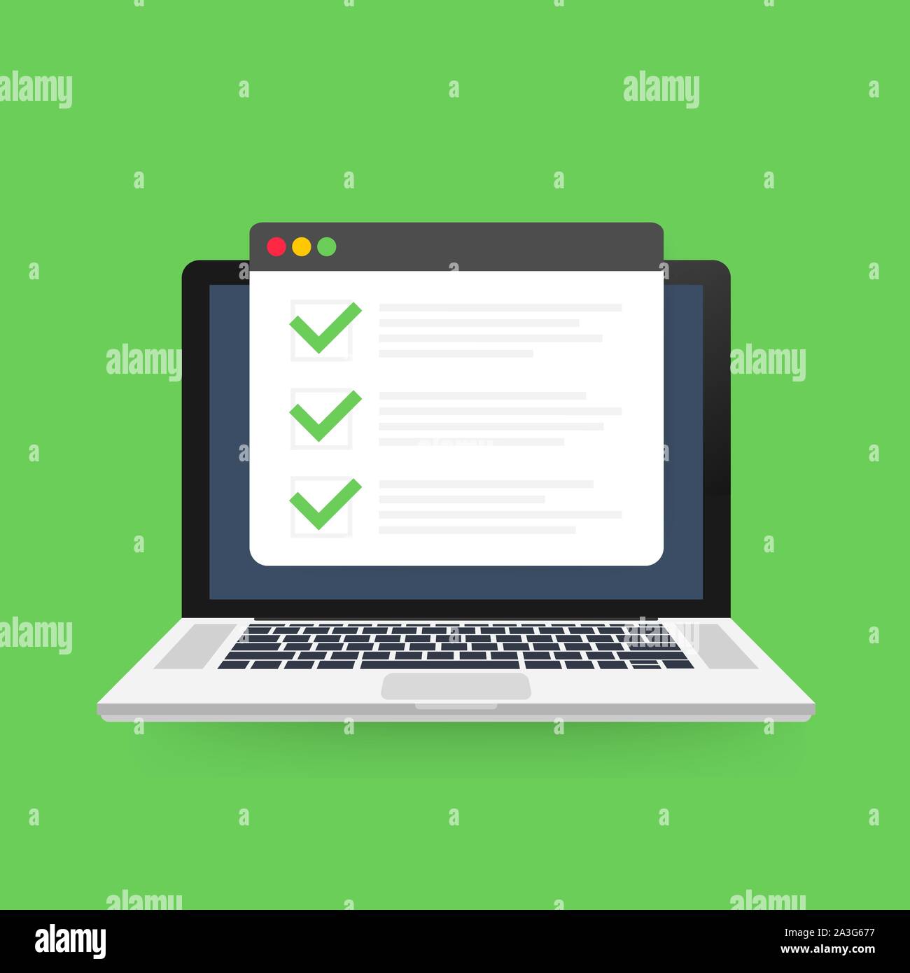 Checklist browser window. Check mark. White tick on laptop screen ...